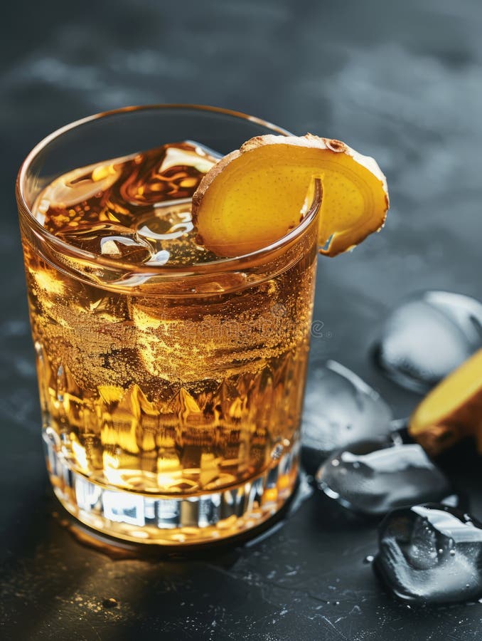 A Glass of Ginger-flavored Cocktail with Ice Cubes and a Garnish. Stock ...