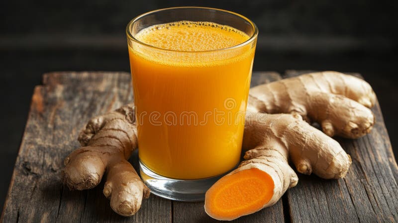 Glass of Ginger Juice with Fresh Ginger Root on Wooden Table Stock ...