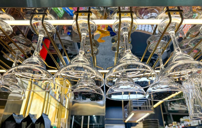 Glass Glasses of Champagne Hang Above the Bar Stock Photo - Image of ...