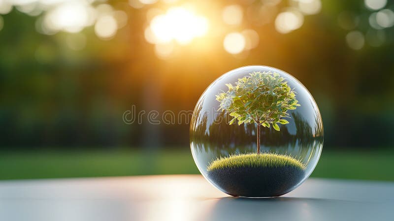 Glass Globe Encasing Small Tree and Grass Illuminated by Sunlight Scene ...