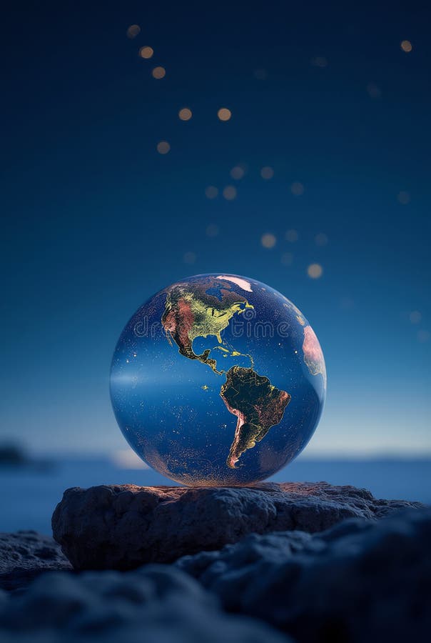 Glass Globe on a Flat Rock Under a Starlit Night Sky with ...