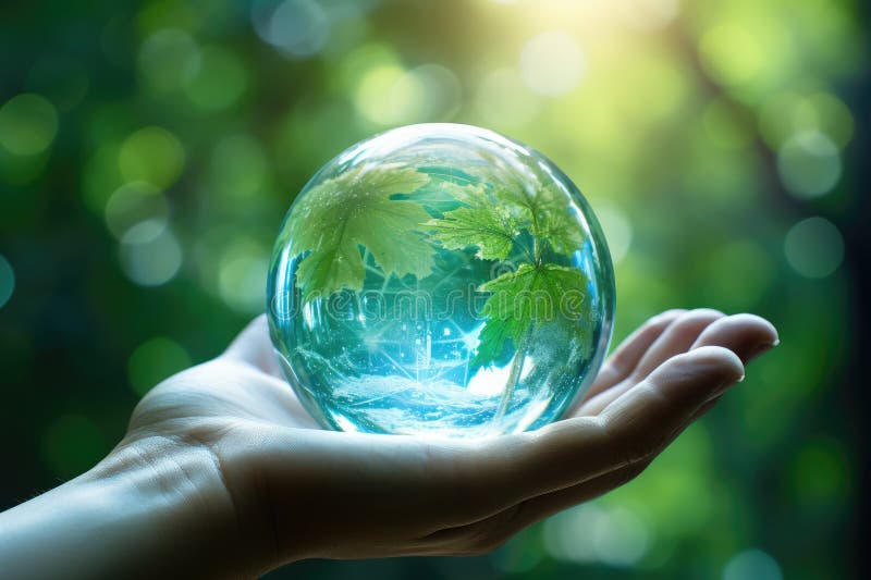 Glass Globe with Green Leaf in Human Hand. Save the World Concept Stock ...