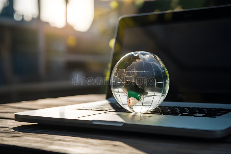 Glass Globe on Laptop Symbolizes Global Business Perspective Stock ... Glass Globe on Laptop Symbolizes Global Business Perspective Stock ...