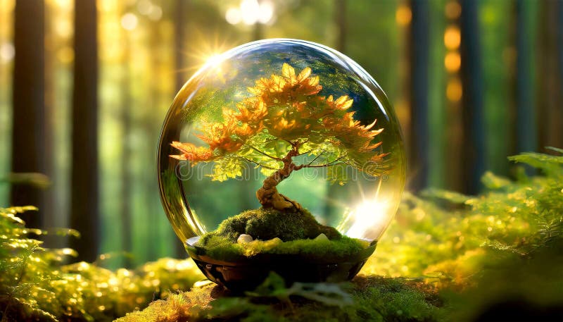 Glass Globe with a Maple Bonsai Tree Inside on a Green Forest ...