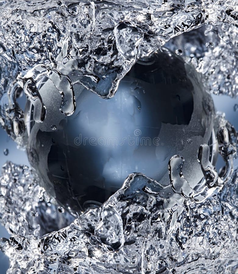 Glass Globe Planet in Drop Water Splash on Blue Background Stock Image ...
