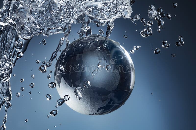 Glass Globe Planet in Drop Water Splash on Blue Background Stock ...