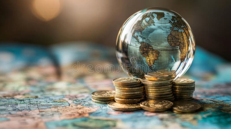 Glass Globe on Stacked Coins Resting on a World Map Stock Illustration ...