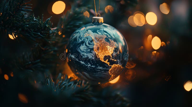 A Glass Globe with a World Map, Set among Snowy Pine Branches and ...