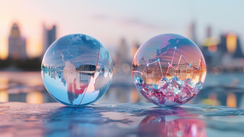 Glass Globes with Global Map and Data Charts Stock Illustration ...