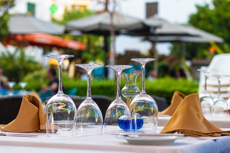 Glass Goblets on Restaurant Table Terrace Stock Photo - Image of ...