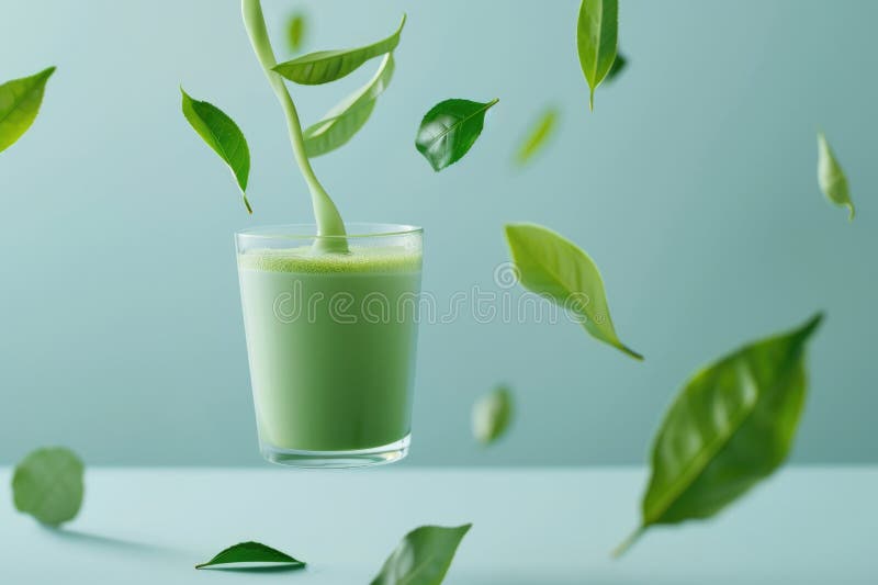 Glass of Green Tea with Flowing Liquid and Floating Tea Leaves on a ...