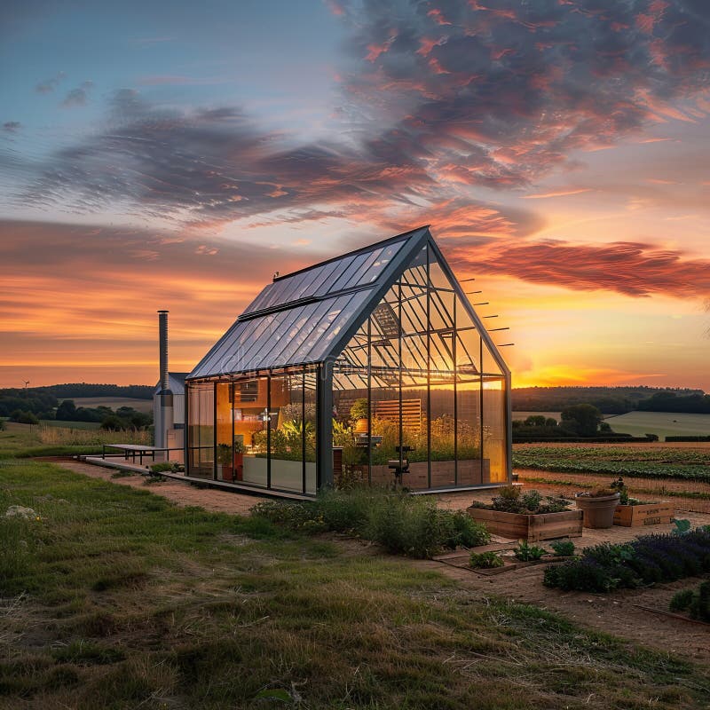 Glass Greenhouse Cabin at Sunset Stock Illustration - Illustration of ...