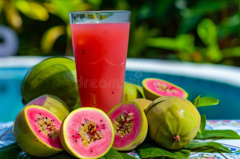 A Glass of Guava Juice Next To a Pool with Sliced Guavas on a Table ...