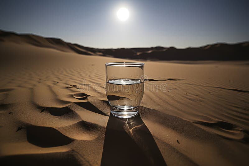 Glass Half Water Cup Located on Hot Sand in Desert Stock Illustration ...