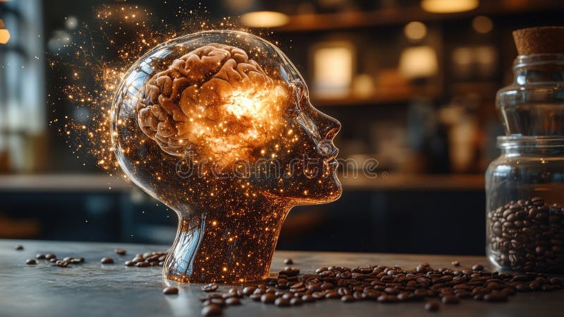 Glass Head with Glowing Brain, Sparks, and Coffee Beans. Stock ...