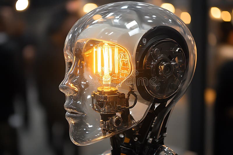 Glass Head Robot with Glowing Lightbulb Brain Stock Illustration ...