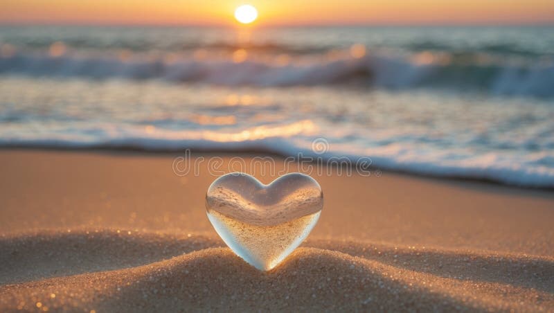 Glass Heart on Beach at Sunset with Ocean Waves Stock Image - Image of ...