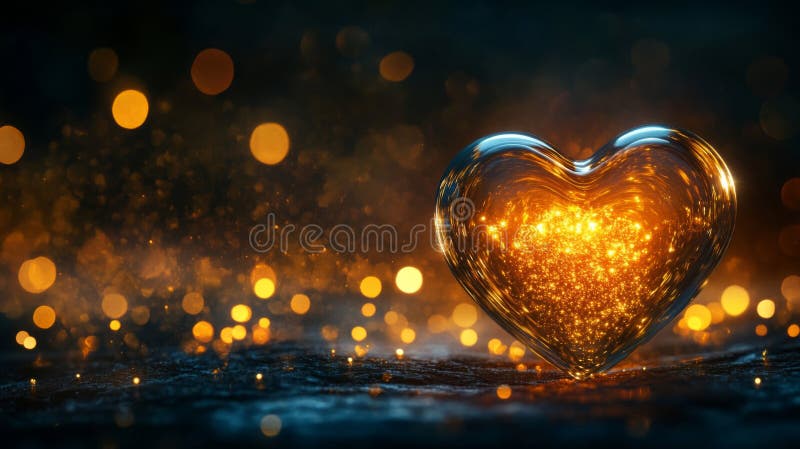 Glass Heart Filled with Golden Light and Sparkle Stock Illustration ...