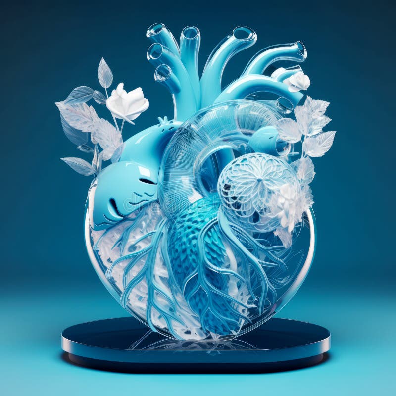 Glass Heart with Fish Inside of it on Blue Surface with Leaves and ...