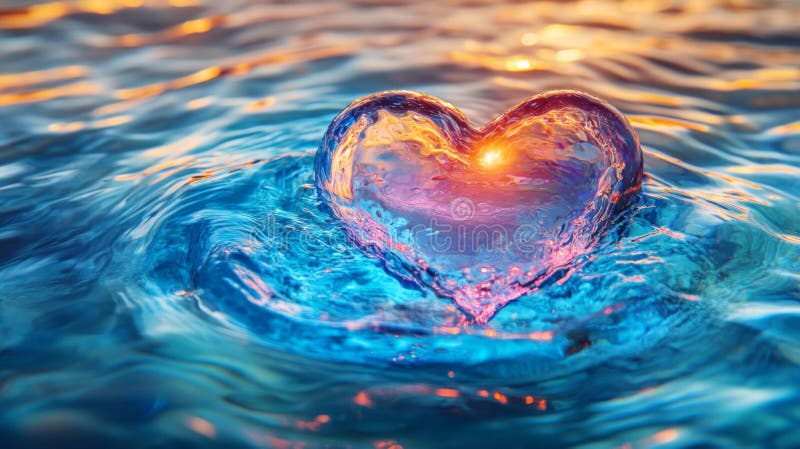 Glass Heart Floating on Water at Sunset Stock Illustration ...