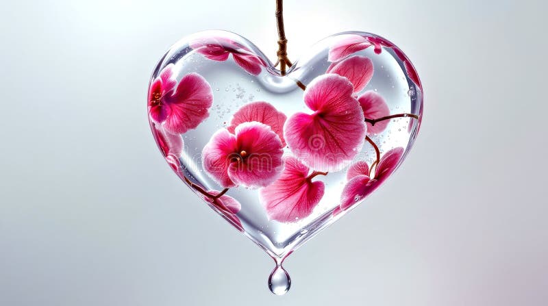 Glass Heart with Pink Orchids Inside Drops of Water Stock Illustration ...