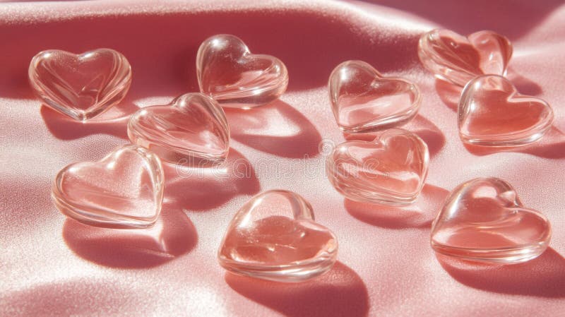 Glass Hearts Resting on Pink Satin Fabric Stock Illustration ...