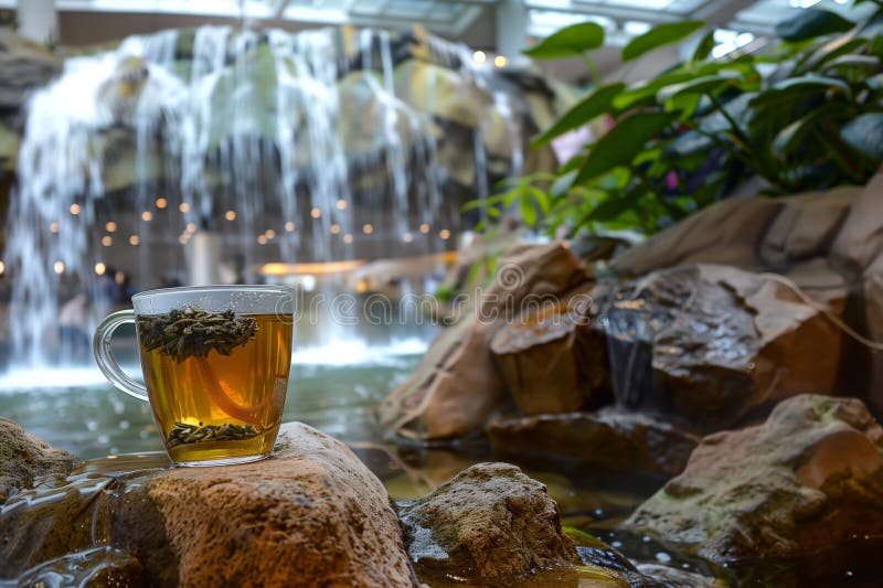 Glass of Herbal Tea Next To a Serene Indoor Waterfall Stock ...