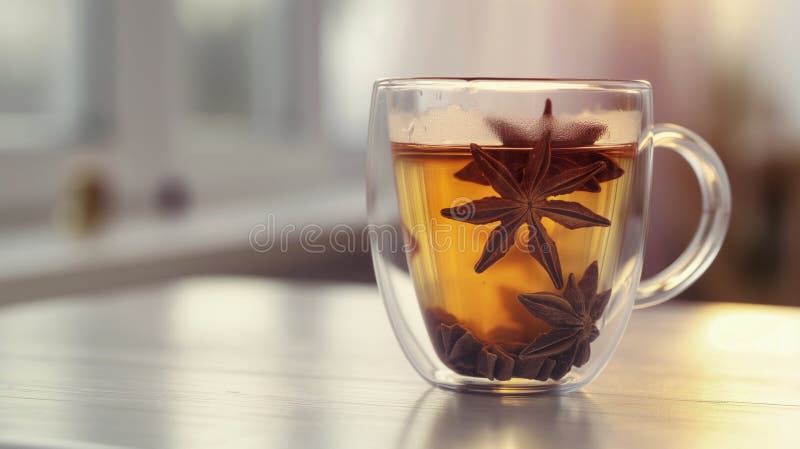Glass of Herbal Tea with Star Anise on Table. Warm Sunlight and Blurred ...