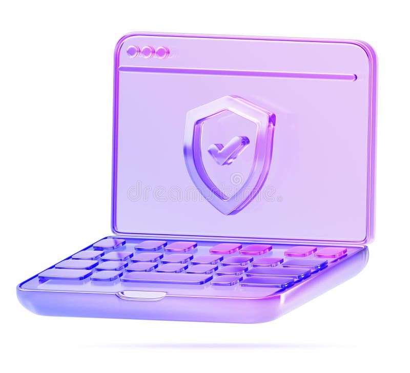 Glass Holographic Laptop with Shield on Screen 3d Render Icon. Computer ...