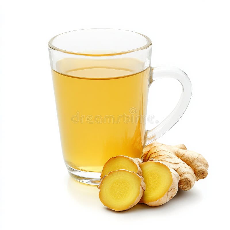 A Glass of Hot Ginger Tea, Isolated on a White Background, Emphasizing ...
