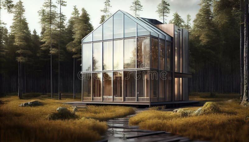 Glass House of the Future Made of Wood and Glass. Generate Ai. Stock ...