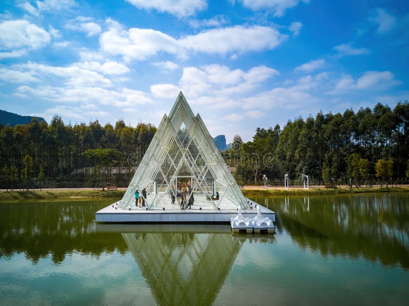 Glass House Triangle Church by the Lake Stock Image - Image of statue ...