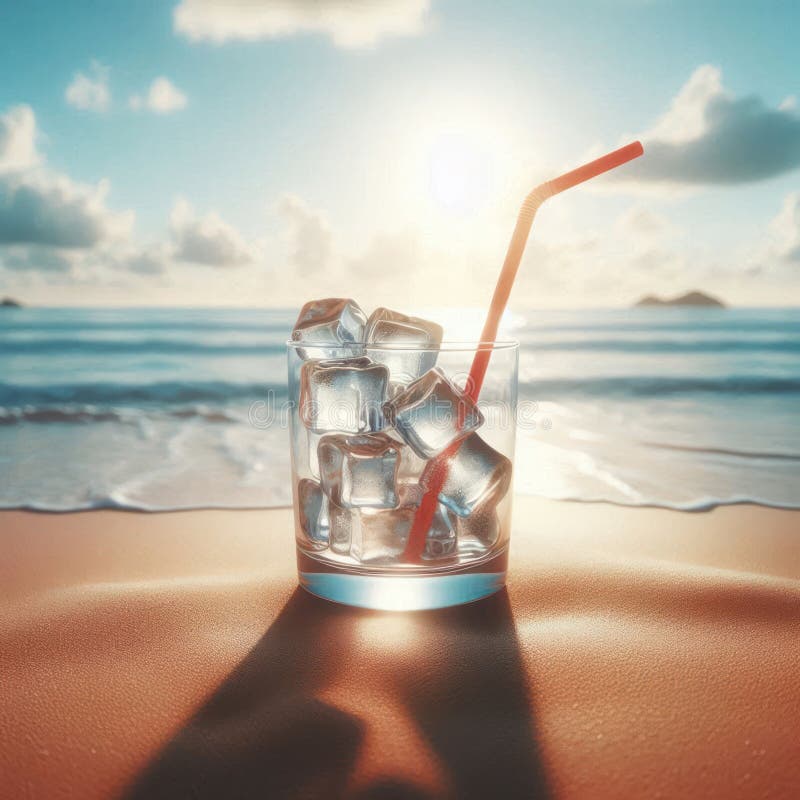 A Glass of Ice on the Beach Under the Sun. Stock Image - Image of beach ...