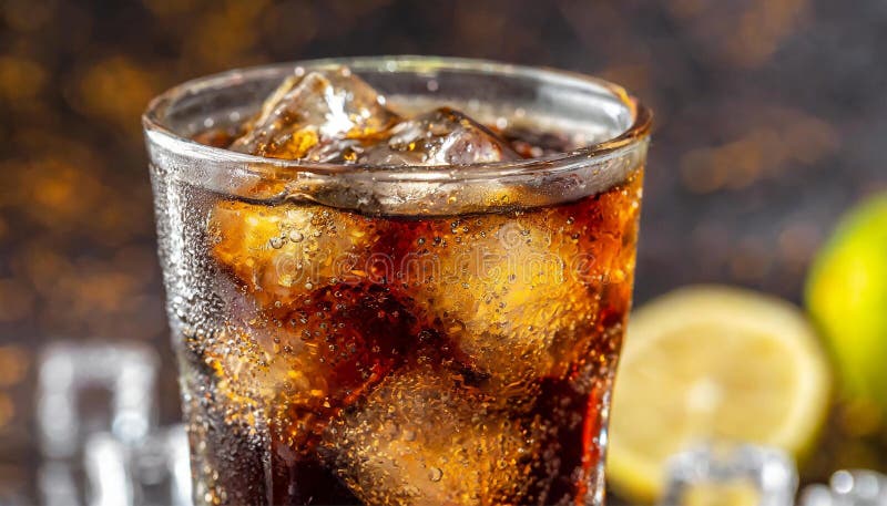 A Glass of Ice-cold Carbonated Coca-Cola with Ice Inside. Close Up View ...