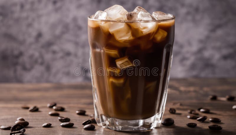 A Glass of Iced Coffee with Ice Cubes and Coffee Beans on the Table ...