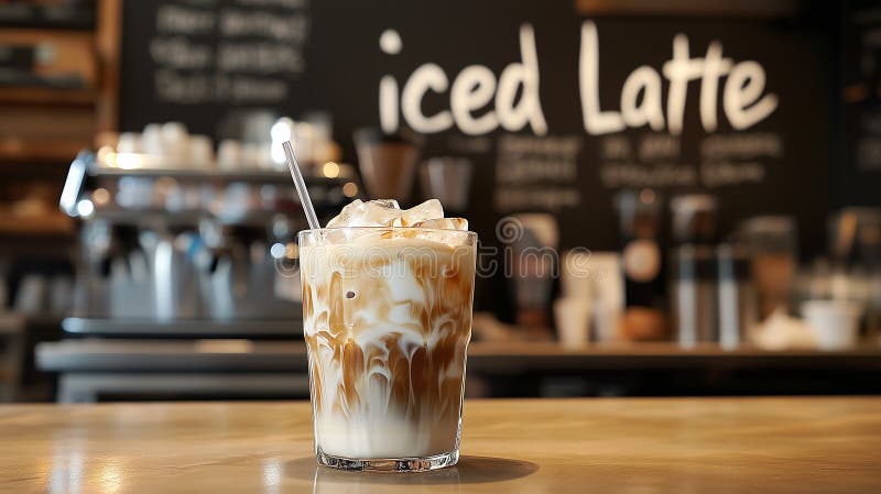 A Glass of Iced Latte Sits on a Counter in Front of a Sign that Says ...