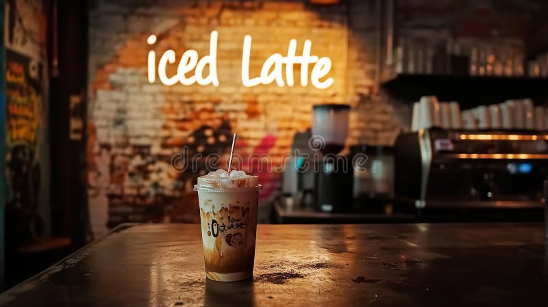 A Glass of Iced Latte Sits on a Counter in Front of a Sign that Says ...