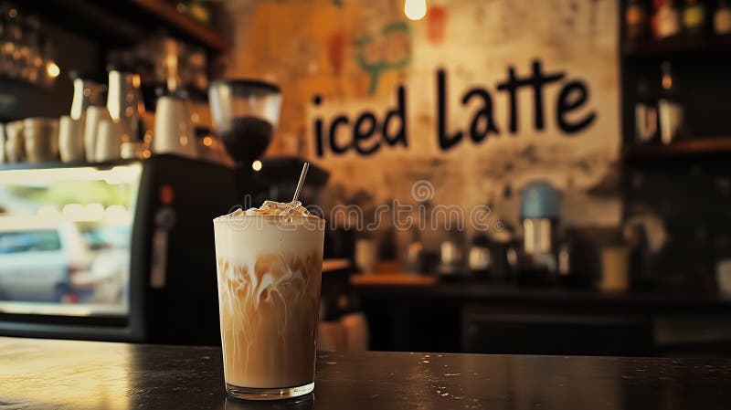 A Glass of Iced Latte Sits on a Counter in Front of a Sign that Says ...
