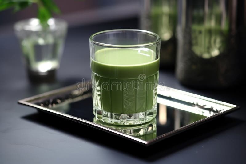 Glass of Iced Matcha Tea on a Mirror for Reflection Effect Stock Photo ...