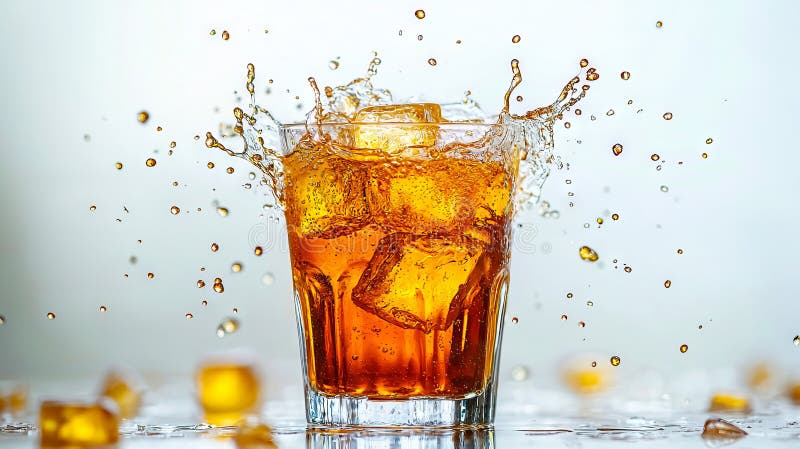A Glass of Iced Tea with Ice Cubes Splashing Out of it Stock Photo ...