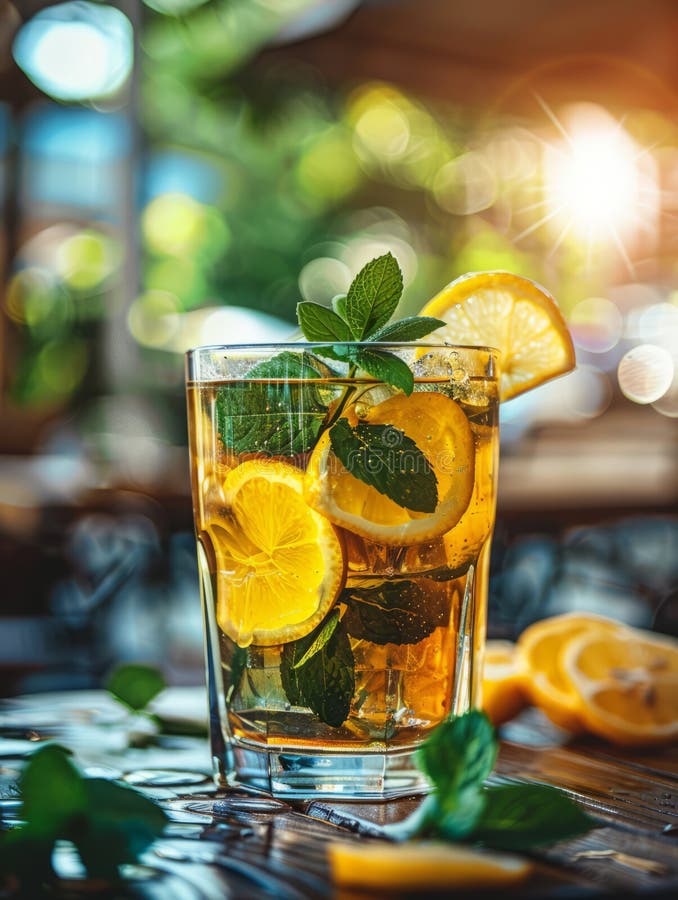 Glass of Iced Tea with Lemon Slices and Mint Leaves in Sunlight. Stock ...