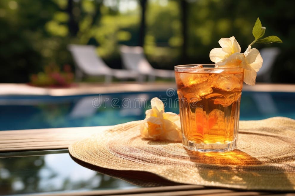 Glass of Iced Tea with a Straw Hat on a Poolside Table Stock Image ...