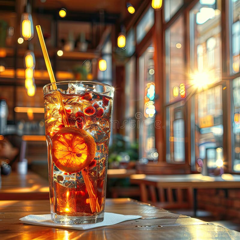 A Glass of Iced Tea with a Straw on a Table in a Restaurant Stock Photo ...