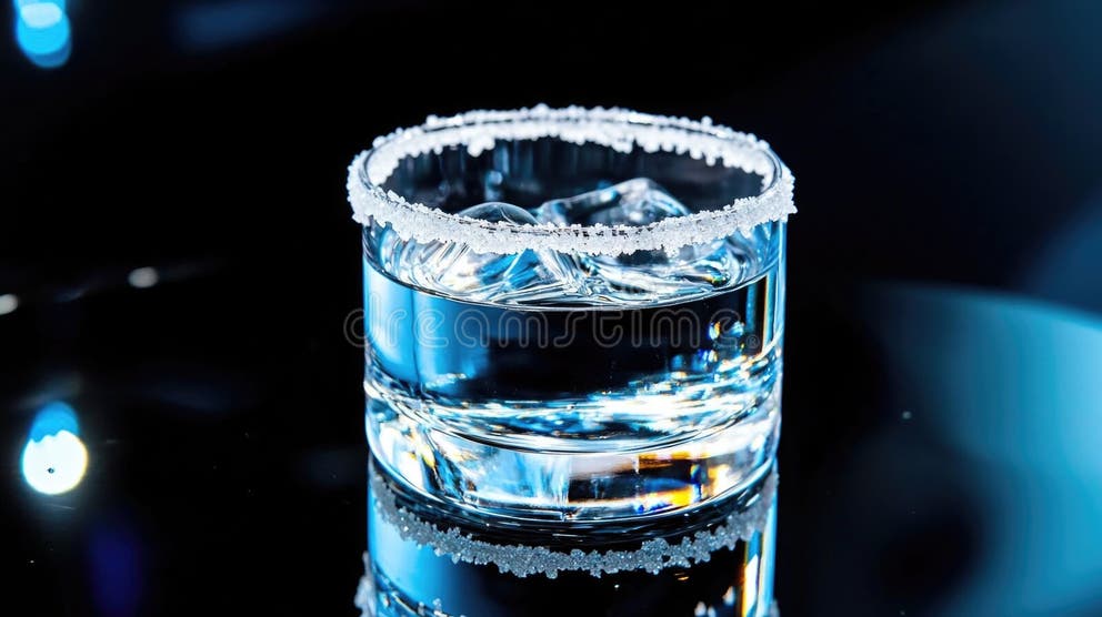Glass of Iced Tequila with Salt Rim on Reflective Surface Stock Image ...