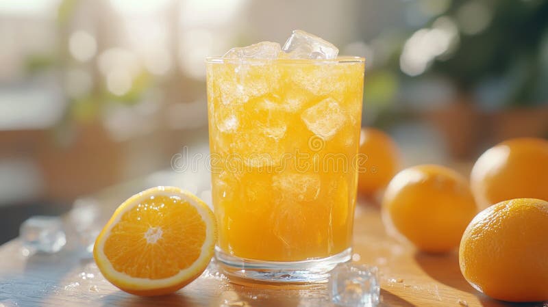 Glass of Icy Orange Juice with Sliced Orange and Whole Oranges Stock ...