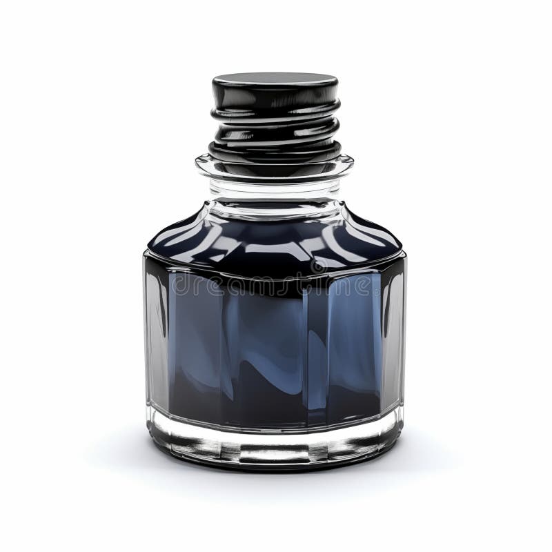 Glass Ink Bottle with Spilled Black Ink on White Background Stock ...