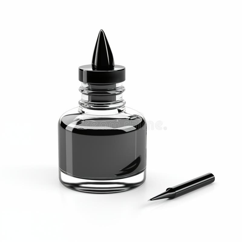 Glass Ink Bottle with Spilled Black Ink on White Background Stock ...