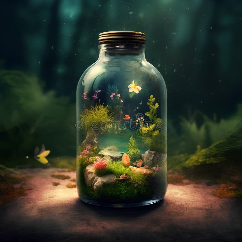 Glass Jar with a Beautiful Green Underwater World. 3d Rendering Stock ...