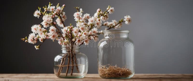 Glass Jar with Blooming Spring Branches on Wooden Table. Stock Photo ...