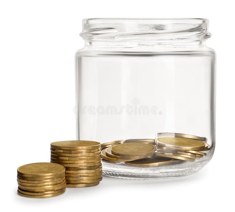 Glass Jar and Coins Isolated on White Stock Photo - Image of cash ...